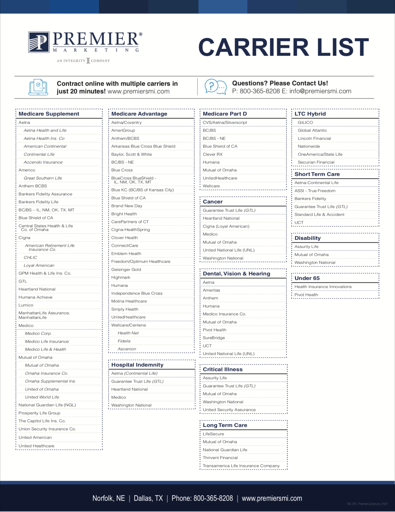 Carrier List | Premier Marketing