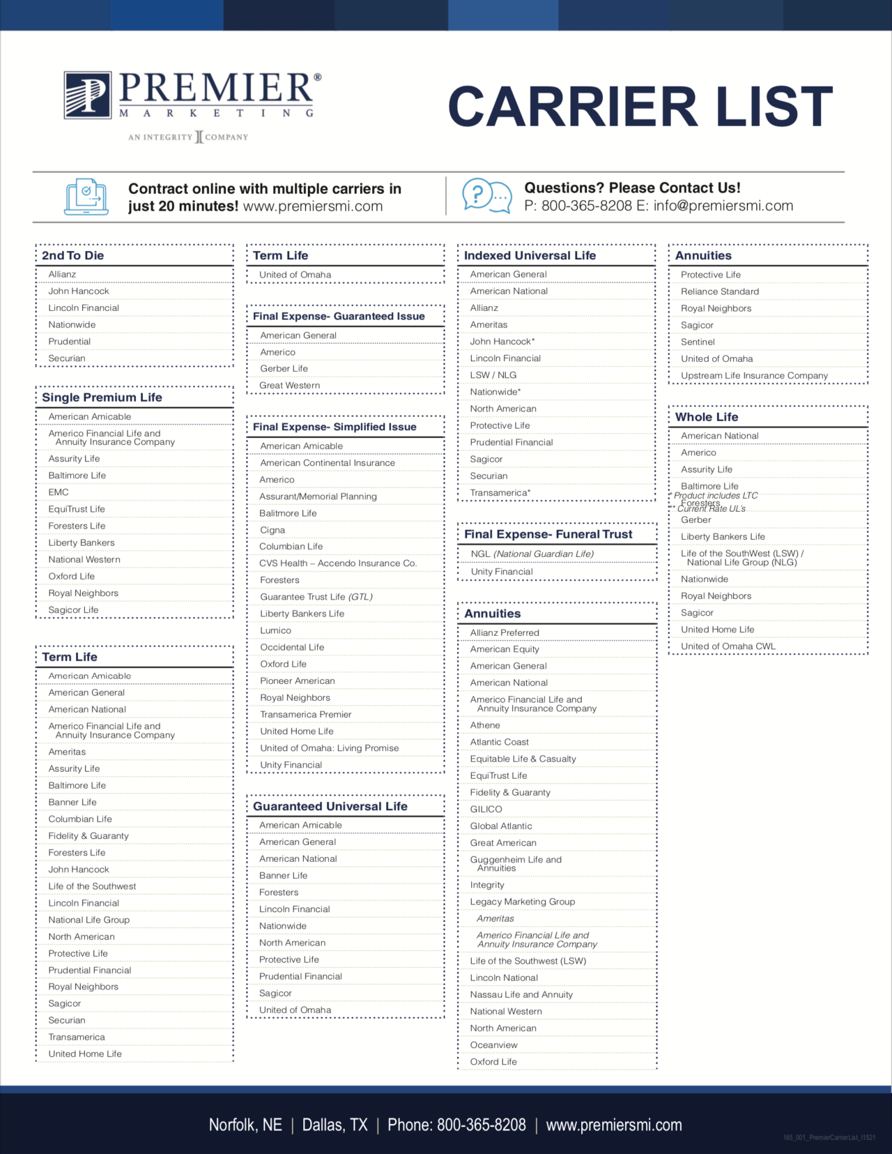 Carrier List | Premier Marketing