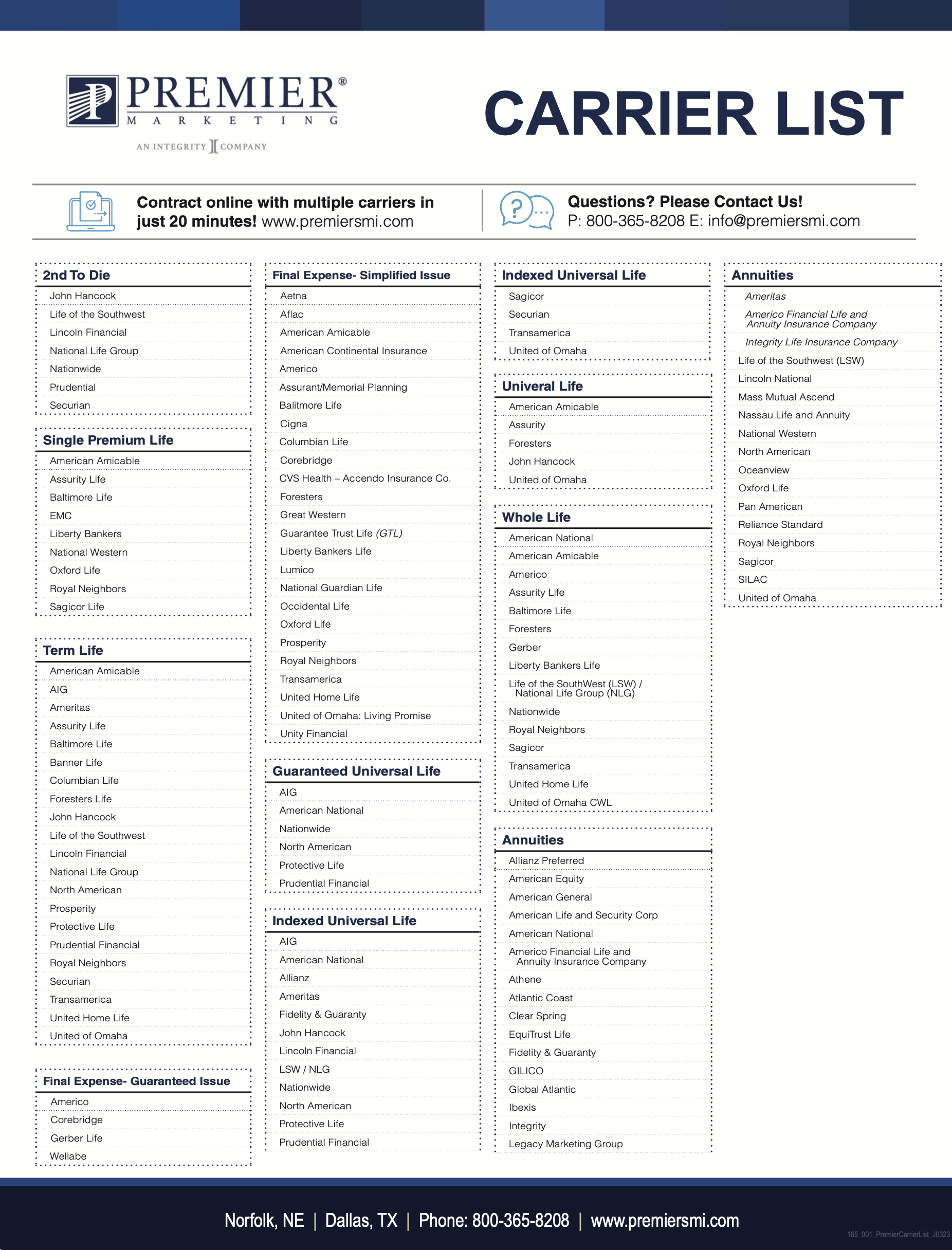 Carrier List | Premier Marketing